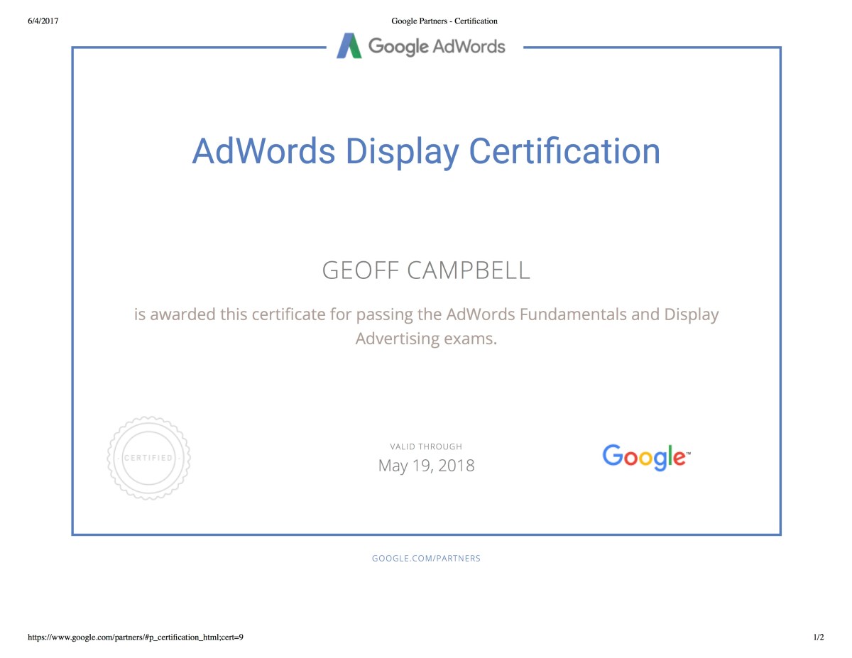 AdWords Display Certification – Geoffrey Campbell
